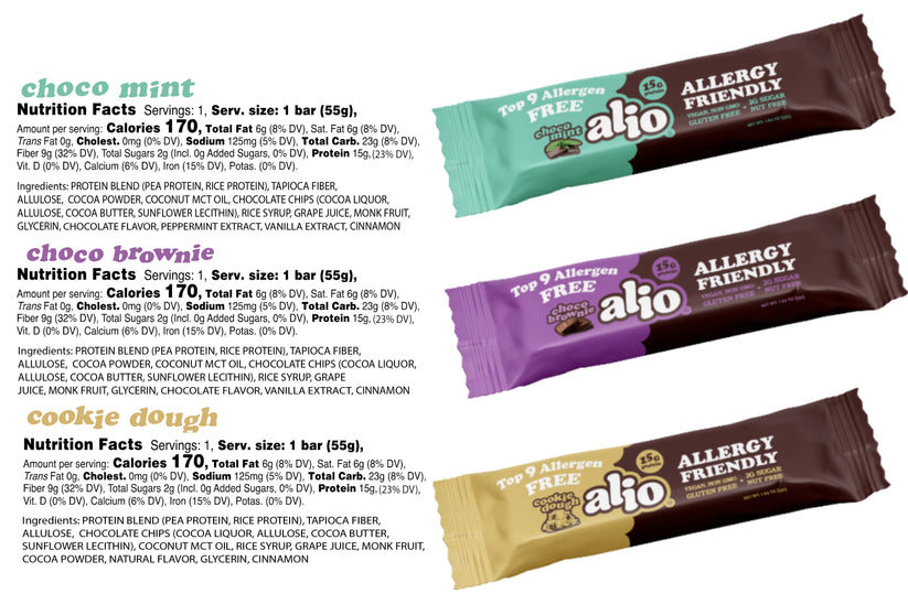 3 Flavor Sampler Pack! 4 Brownie, 4 Mint & 4 Cookie Dough Bars – Alio